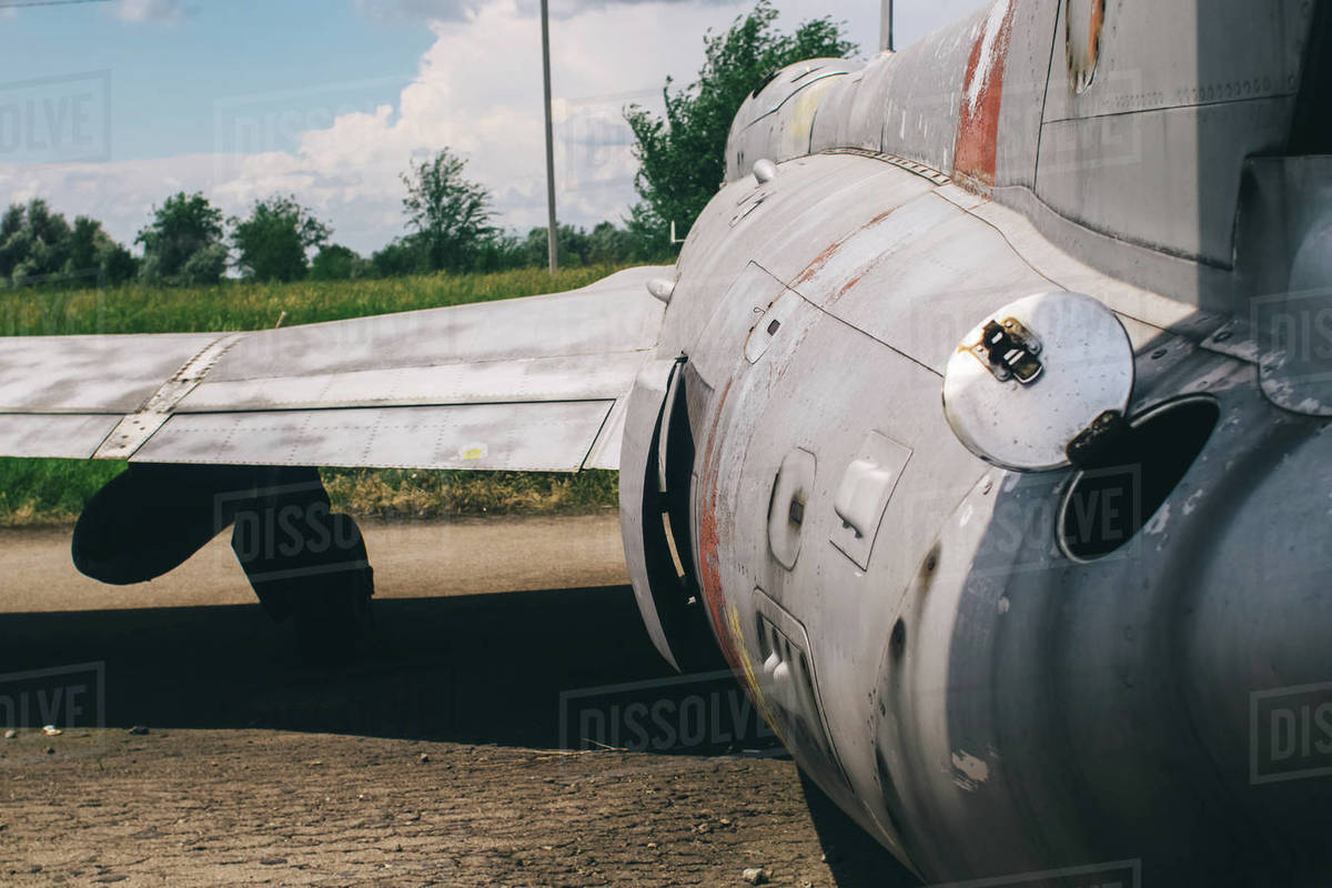 Close-up of part of the fuselage of an old military fighter jet, which ...