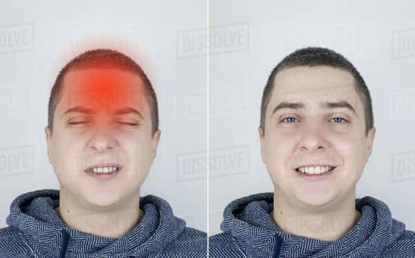 Before and after. On the left, the man indicates a headache, and on the ...
