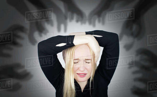 The woman is experiencing a panic attack. The concept of phobia, fears ...