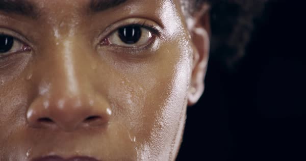 Black woman, face and sweating with breathing and rest after fitness ...