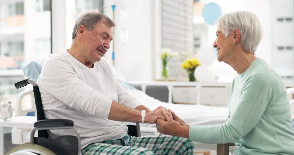 Hospital, talking and woman visit man for comfort, care and support for ...
