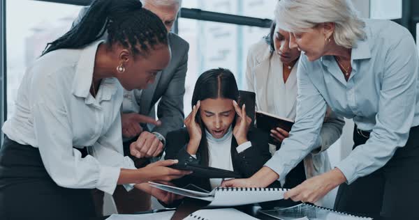 Stress, headache and employee multitasking with business people and ...