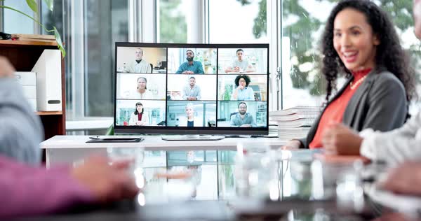 Video call, meeting and office greeting online on computer screen with ...