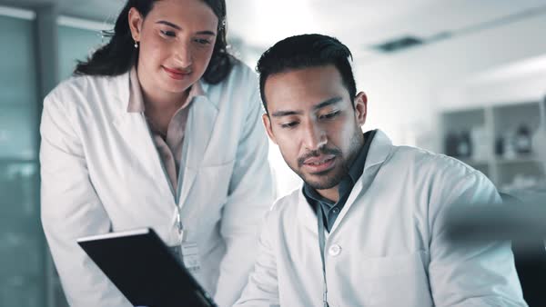 Research, lab and tablet for science team brainstorming medical ...
