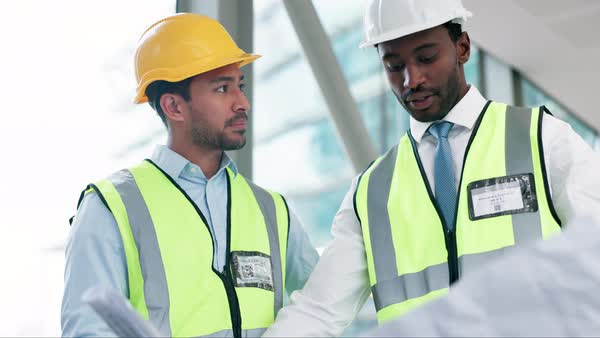 Construction worker, people and blueprint for planning, teamwork or ...