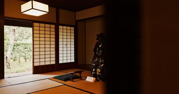 Japan, Samurai suit and wood furniture in living room with retro and ...
