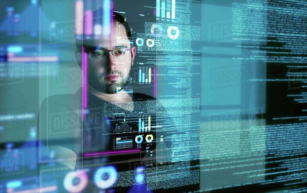 Focus, programming man with hologram, code and futuristic with cyber ...