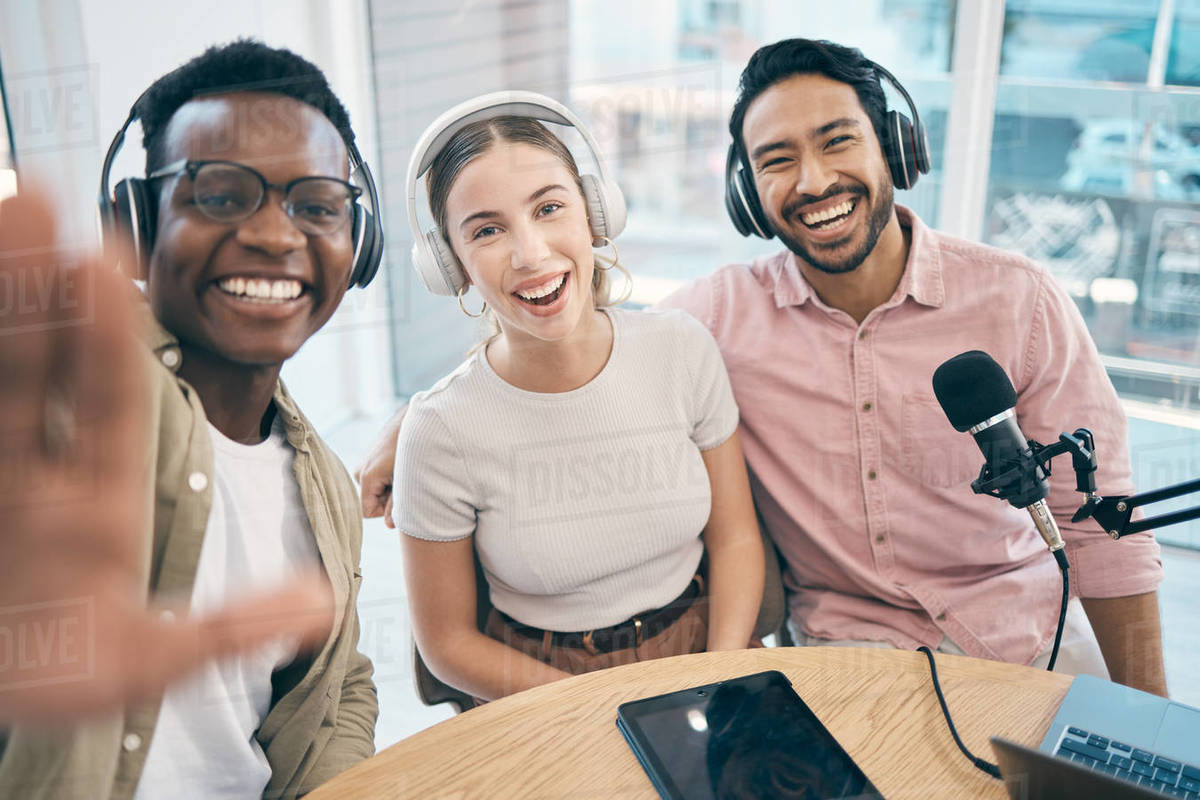 Podcast, portrait and group selfie of happy friends together, live ...