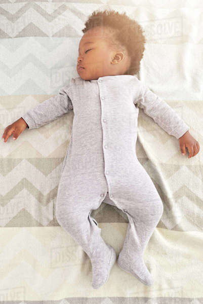 Top view, bed and baby sleeping in home with lens flare for rest, nap ...