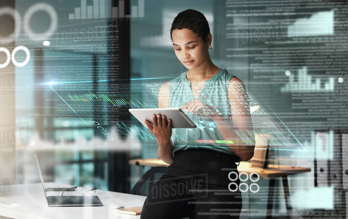 Black woman with tablet, erp overlay and charts, innovation in research and programming for ...