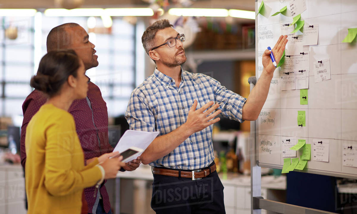 Whiteboard, teamwork planning and business people with strategy and ...