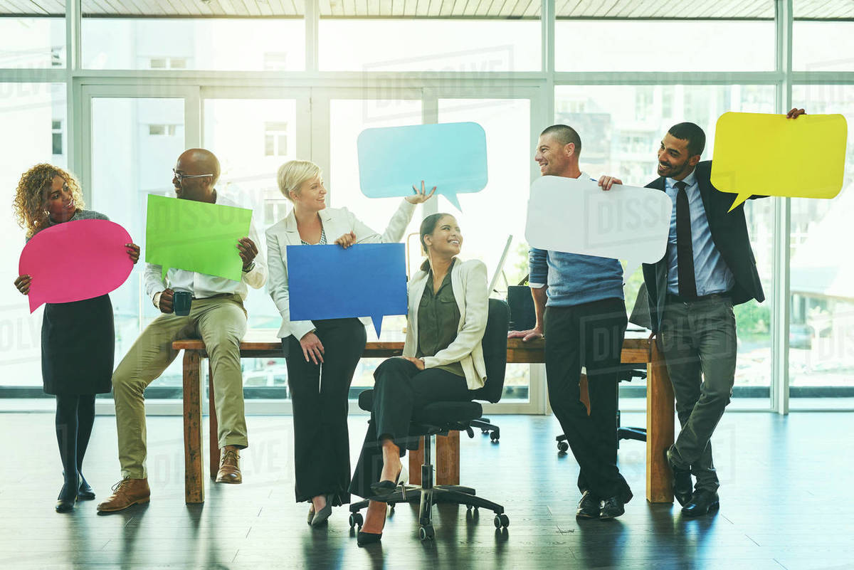 Business people, speech bubble and team with diversity, mockup and ...