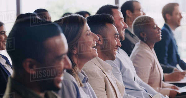 Happy audience, conference and laughing business people at a seminar ...