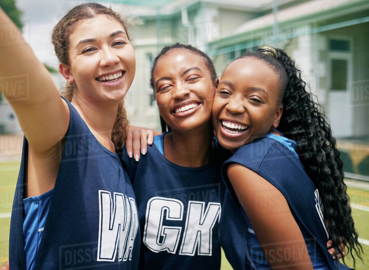 Sports, team and girl netball selfie, hug with fitness and college or ...