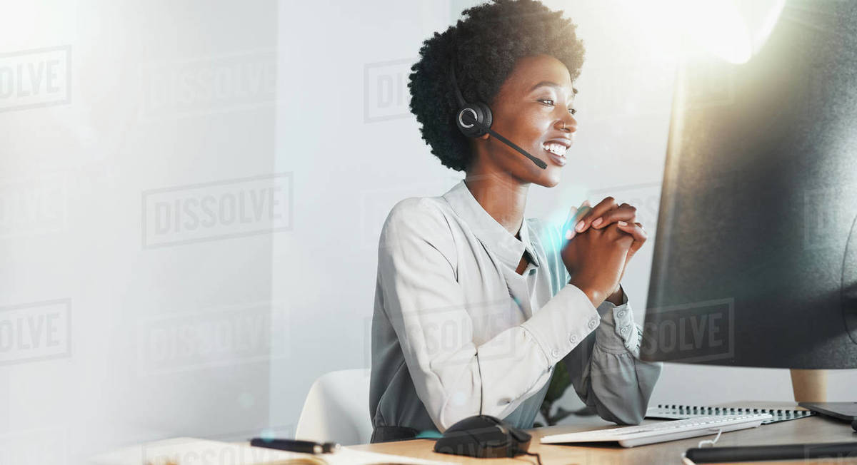 Call center, black woman and smile with headphones, office and customer service for consulting ...