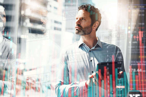 Stock market, graphs and man with vision, tablet and overlay with ...