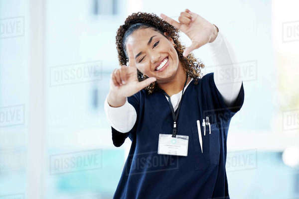 Doctor, portrait or finger frame in hospital about us, medical trust or ...