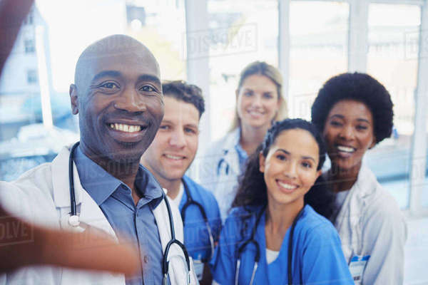 Healthcare, portrait and selfie by doctors at hospital, happy and proud ...