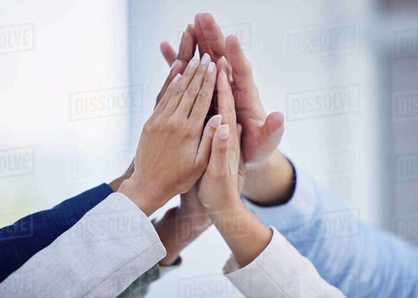 Solidarity, high five and support with hands of business people in ...