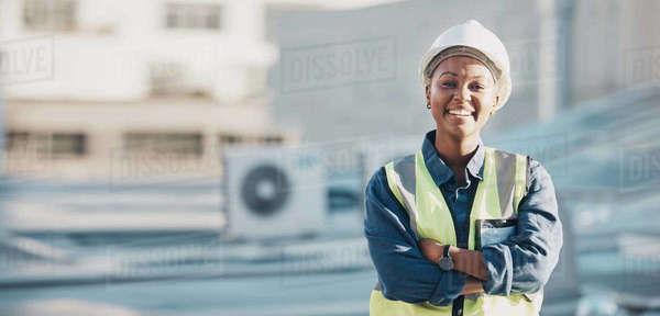 Woman, construction worker and portrait with a smile for engineering ...