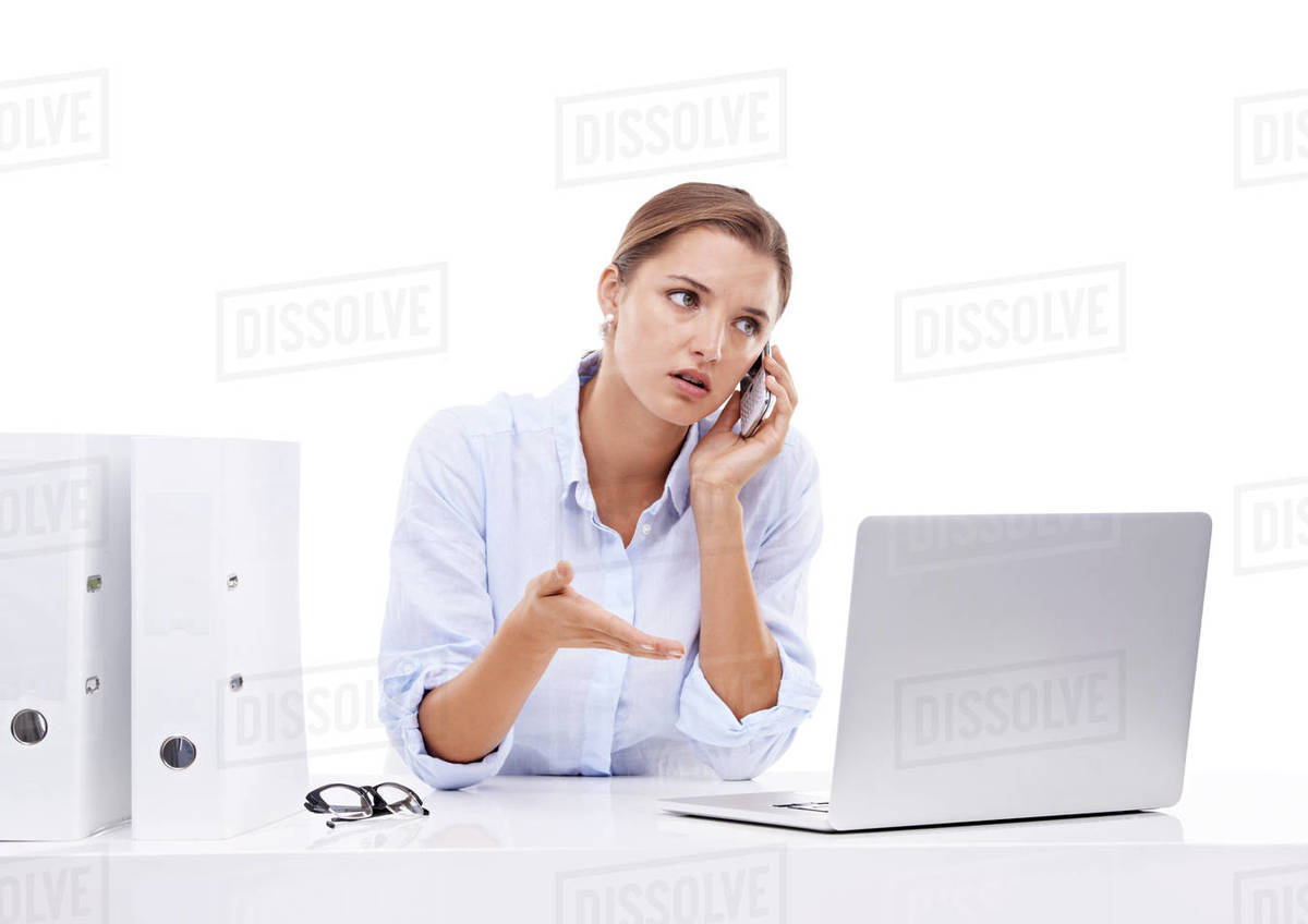 Laptop, stress and woman on a phone call in studio for appointment ...