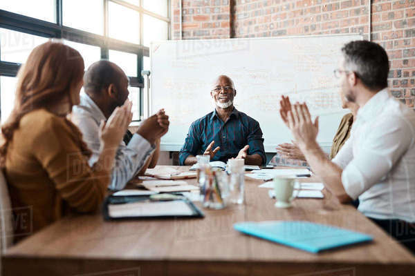 Business people, meeting and applause of black man in office for ...