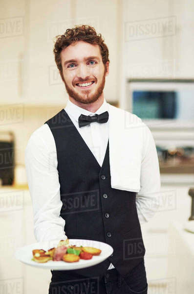 Male, restaurant waiter and plate in portrait for fine dining service ...