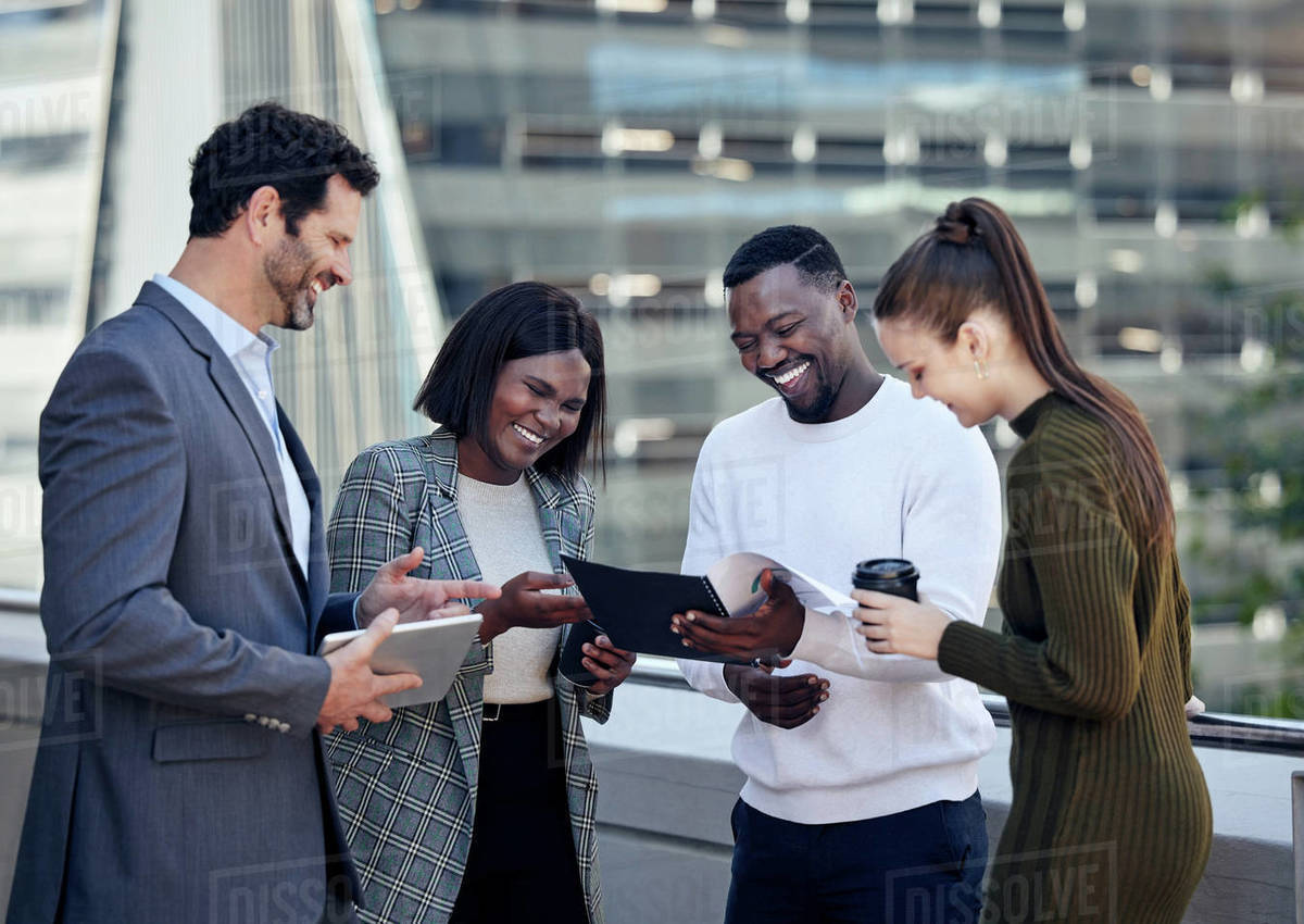 Business people, staff and team with a report, feedback and happiness ...