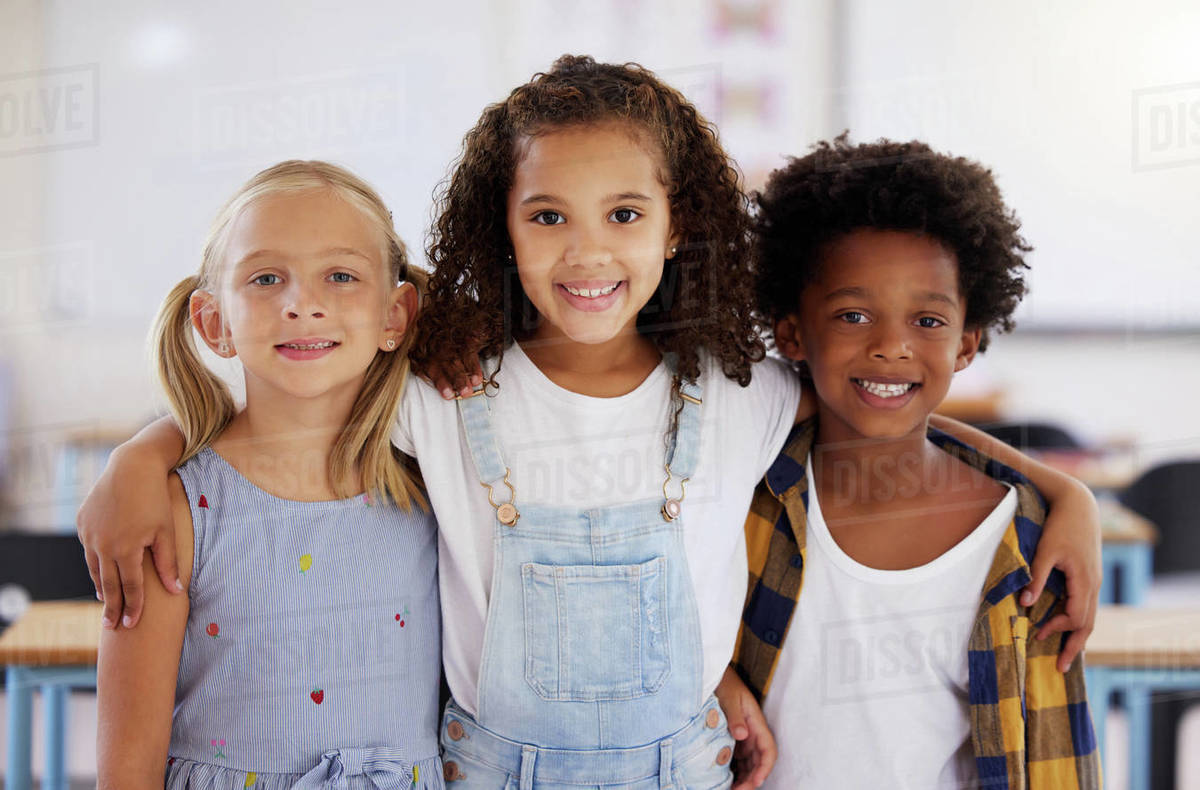 Education, portrait or happy children in classroom learning or smiling ...