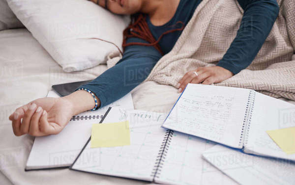 Calendar, time management and student sleeping in bed for studying ...