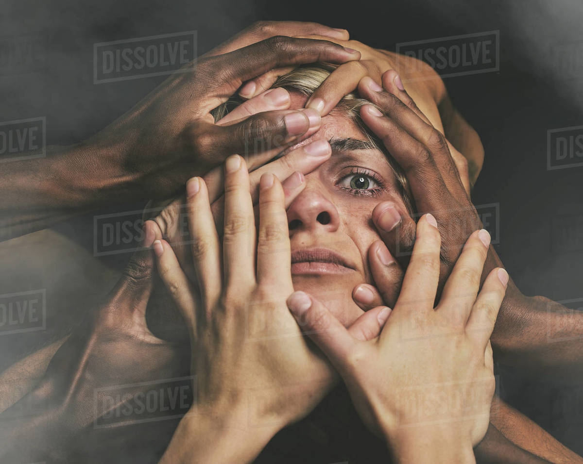 Anxiety, schizophrenia and hands woman with mental health, bipolar and ...