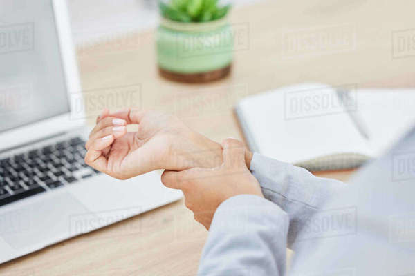 Laptop, hands or woman with carpal tunnel syndrome, pain or injury from ...