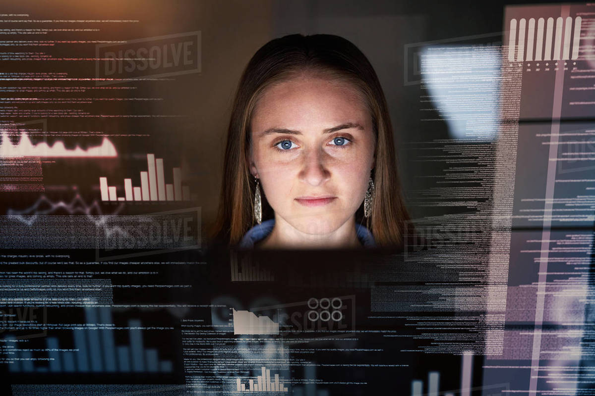 Woman, face and futuristic with data analytics, coding and digital ...