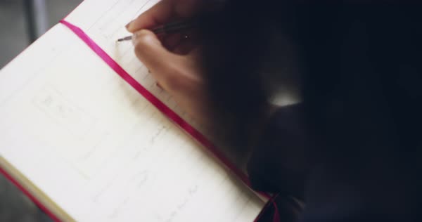 Closeup of person writing book notes in a journal or diary, making list ...