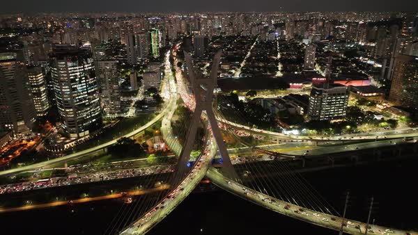 Cable Bridge At Night City In Sao Paulo Brazil. Cityscape Bridge ...