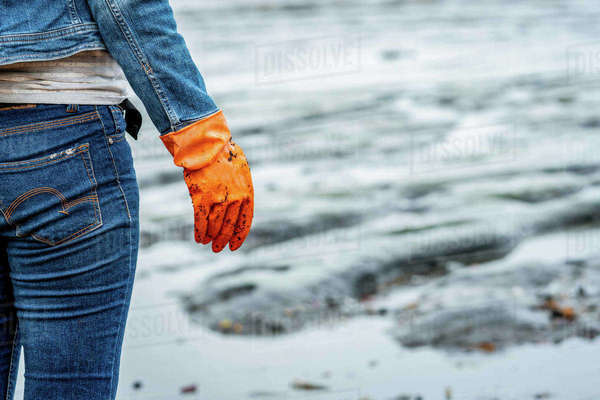 Volunteers wear orange rubber gloves to collect garbage on the beach ...