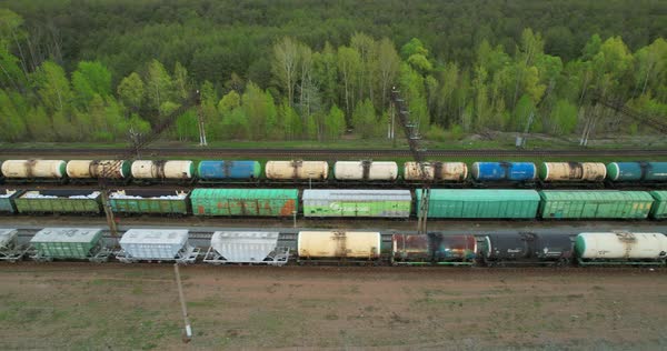 Freight trains at the station aerial view. Top-down view of freight ...