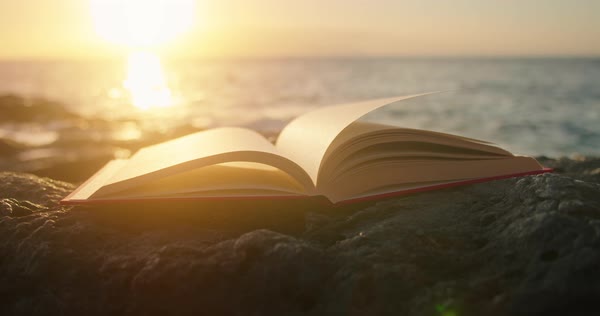 Open book on blurred ocean background. Sea beach at sunset with glow ...