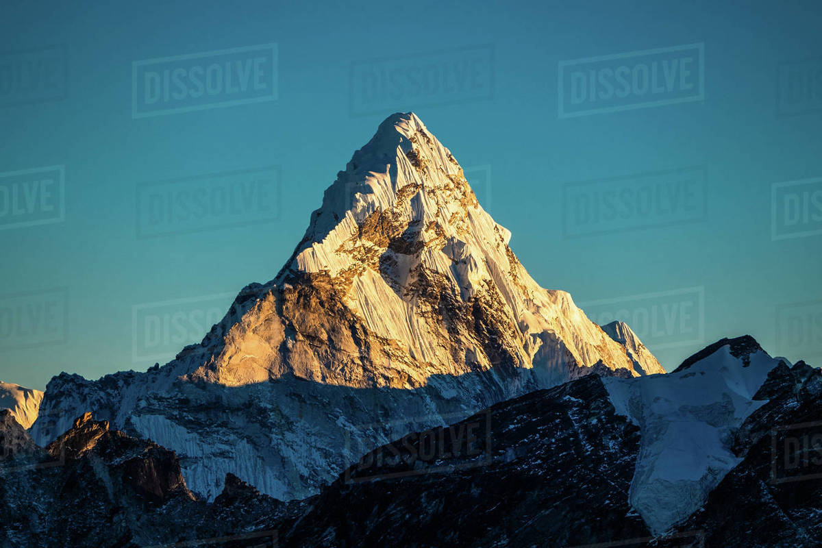 The peak of Ama Dablam at sunset time from Kala Patthar, Khumbu Valley ...