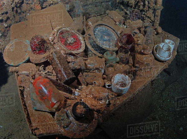 Artifact display table in ship wreck USS Saratoga, Bikini Atoll ...
