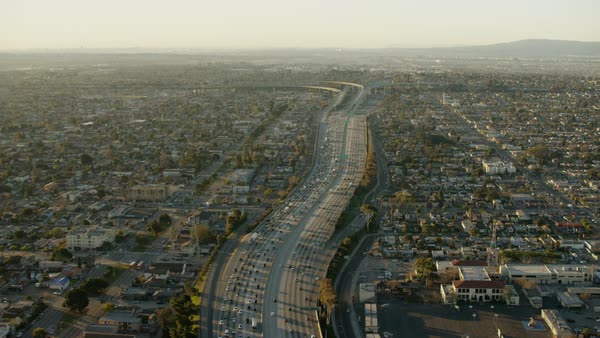 Aerial vertical view of traffic and commuters on Los Angeles freeways ...