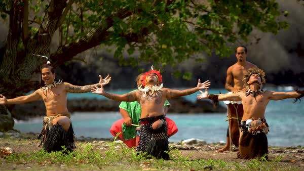 Native people males playing traditional musical instruments while ...