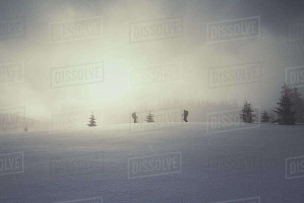 Skiers on snowy hill landscape photo. Beautiful nature scenery ...
