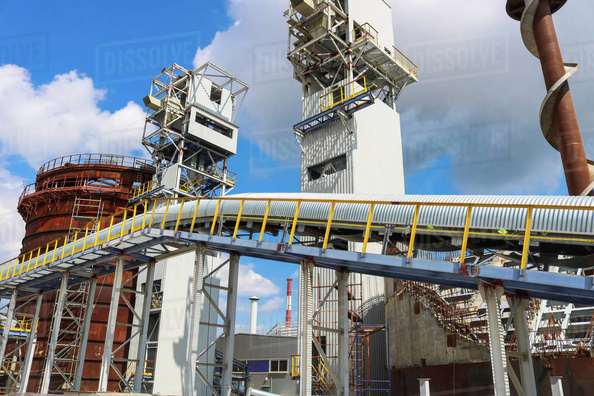 Metal iron structures, industrial production with a conveyor, pipes ...