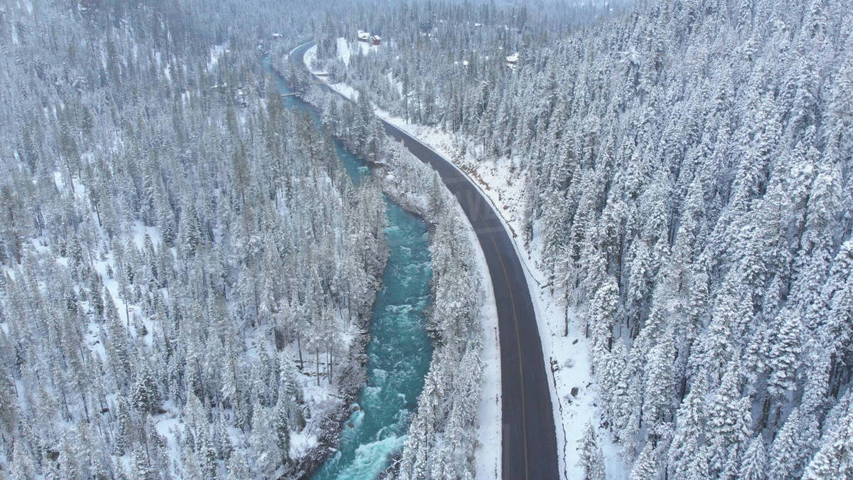 AERIAL: Flying above the picturesque winter forest and emerald colored ...