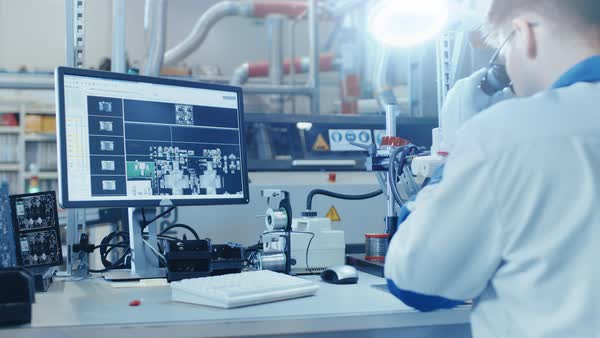 Electronics Factory Worker in White Work Coat Inspects a Printed ...