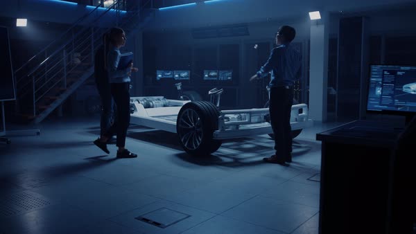 Automobile engineers working on electric car platform chassis, using ...