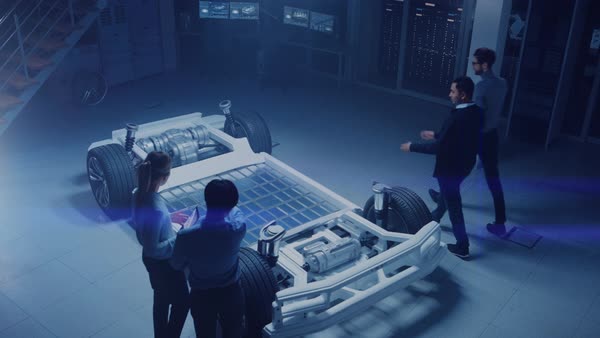 Team of automotive engineers working on electric car chassis platform ...