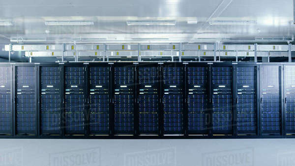 Shot of a Working Data Center With Rows of Rack Servers. Led Lights ...
