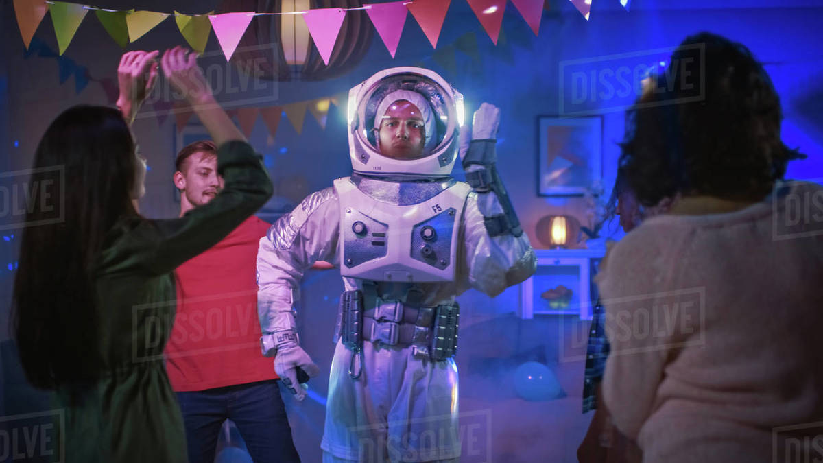 At the College House Costume Party: Fun Guy Wearing Space Suit Dances ...